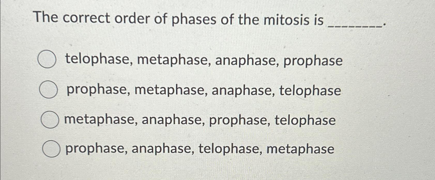 Solved The correct order of phases of the mitosis is | Chegg.com