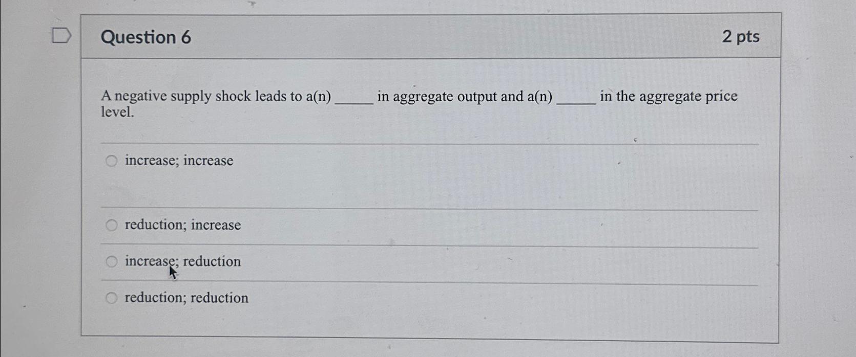 Solved Question 62 ﻿ptsA negative supply shock leads to a(n) | Chegg.com