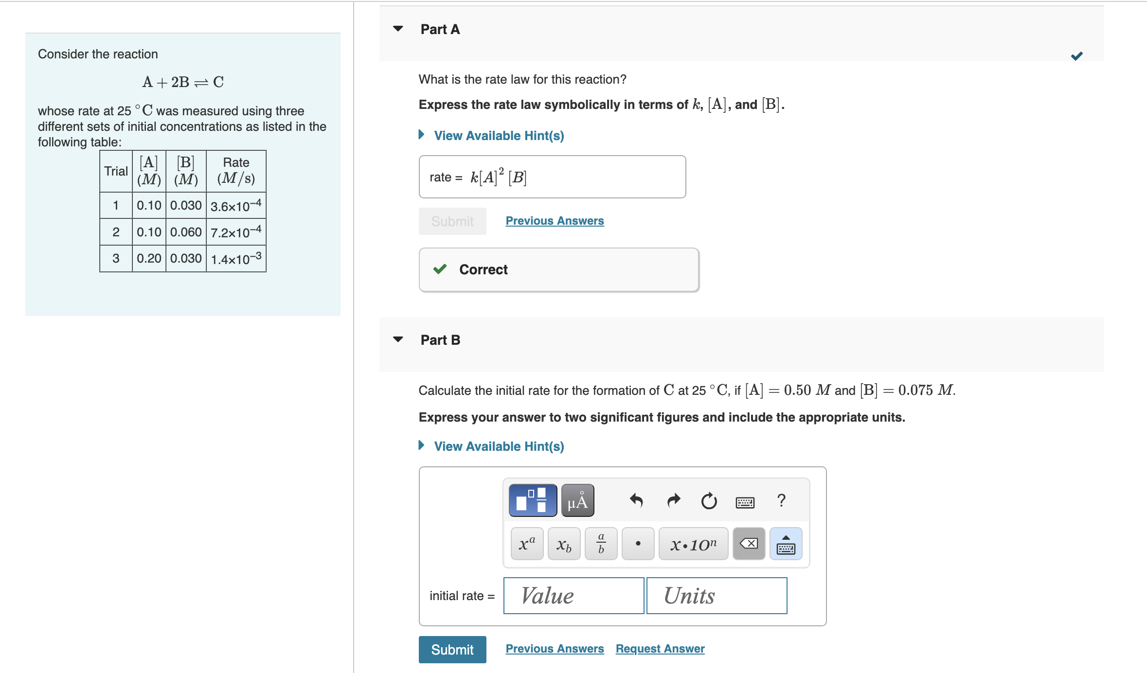 Solved Part BCalculate the initial rate for the formation of | Chegg.com