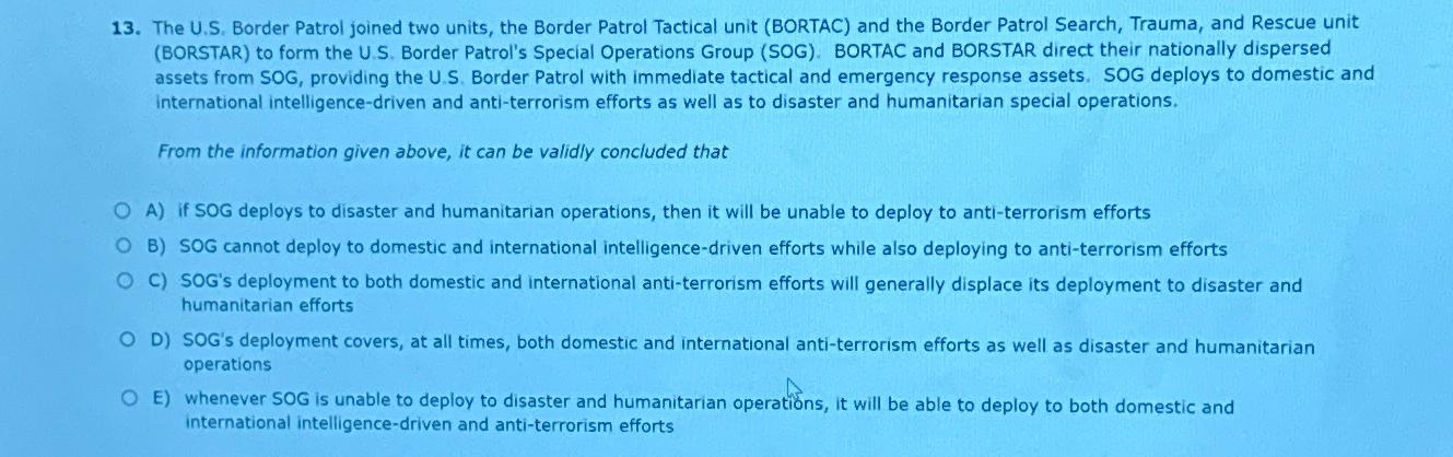 Solved The U.S, ﻿Border Patrol joined two units, the Border | Chegg.com
