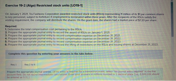 Solved Exercise 19-2 (Algo) Restricted stock units [LO19-1 | Chegg.com