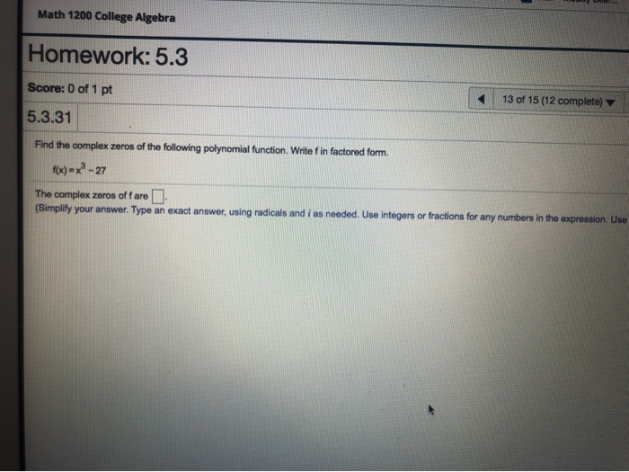 Solved Math 1200 College Algebra Homework: 5.3 Score: 0 of 1 | Chegg.com