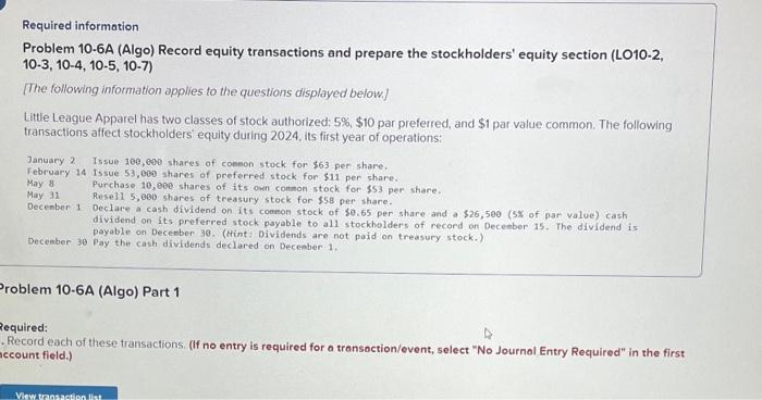 Solved Required information Problem 10-6A (Algo) Record | Chegg.com
