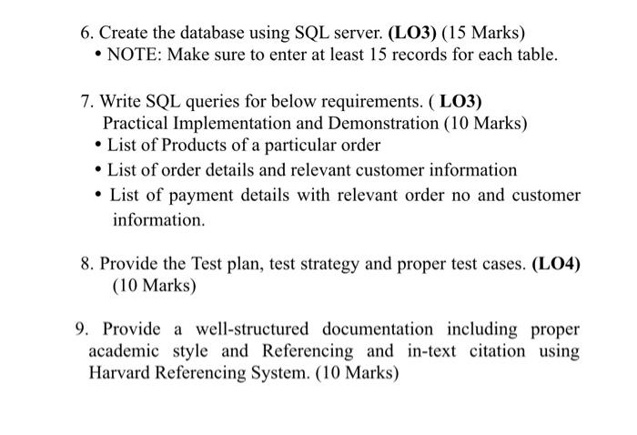 6. Create the database using SQL server. (LO3) (15 | Chegg.com