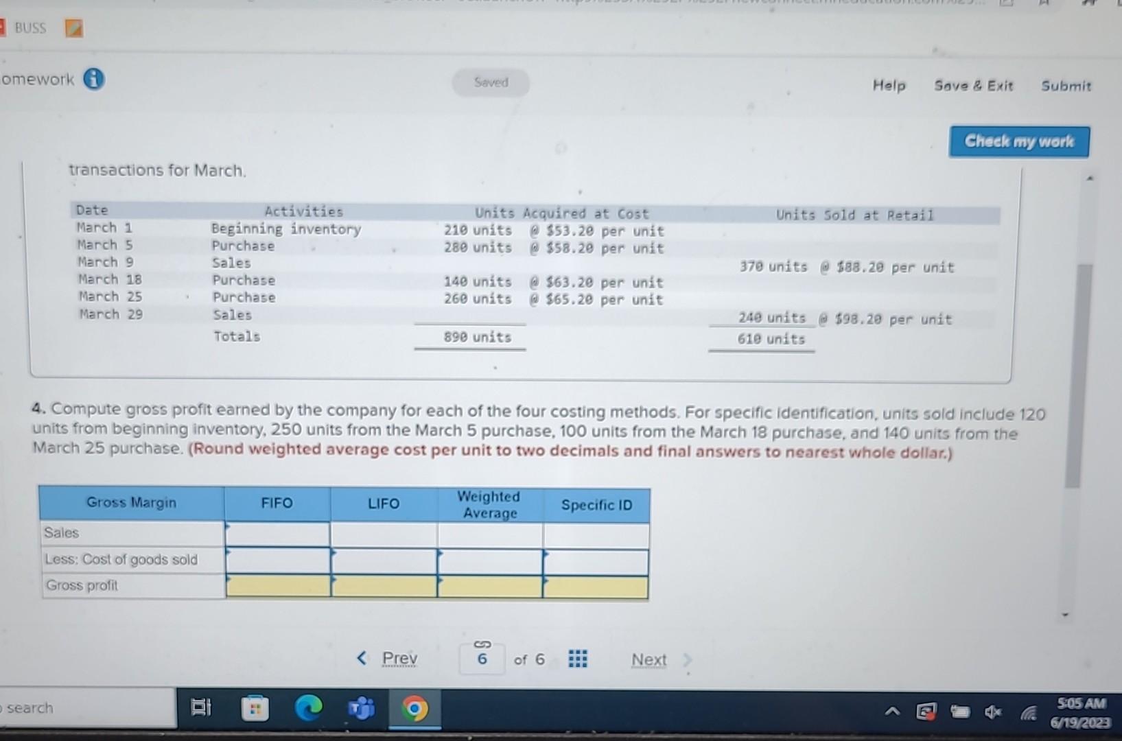 Solved transactions for March. 4. Compute gross profit | Chegg.com