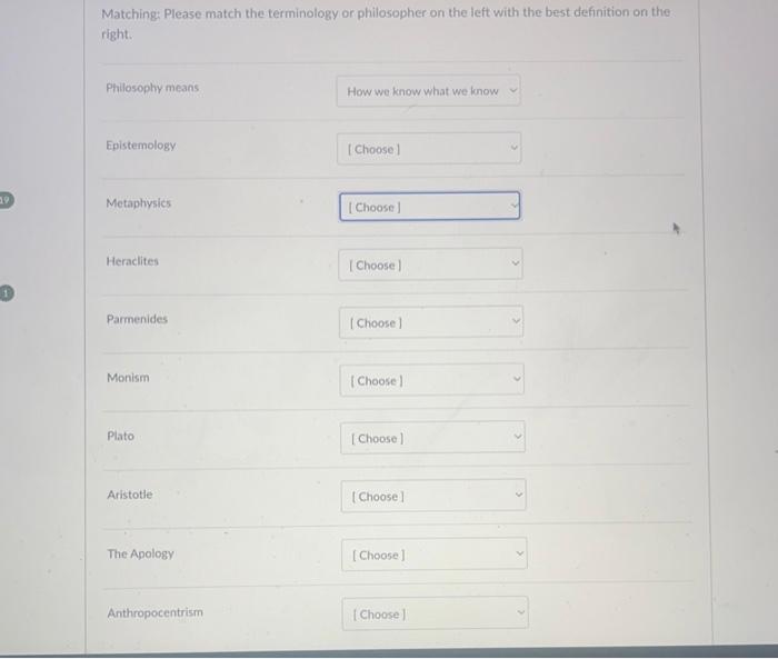Matching. Please match the terminology or philosopher | Chegg.com