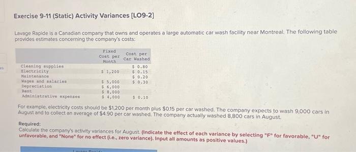Solved Exercise 9-11 (Static) Activity Variances [LO9-2] | Chegg.com