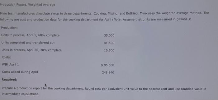 Solved roduction Report, Weighted Average Aino Inc. | Chegg.com