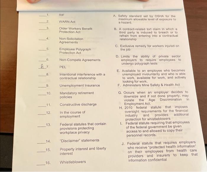 Solved 1 RIF 2 WARN Act 3 Older Workers Benefit Protection | Chegg.com
