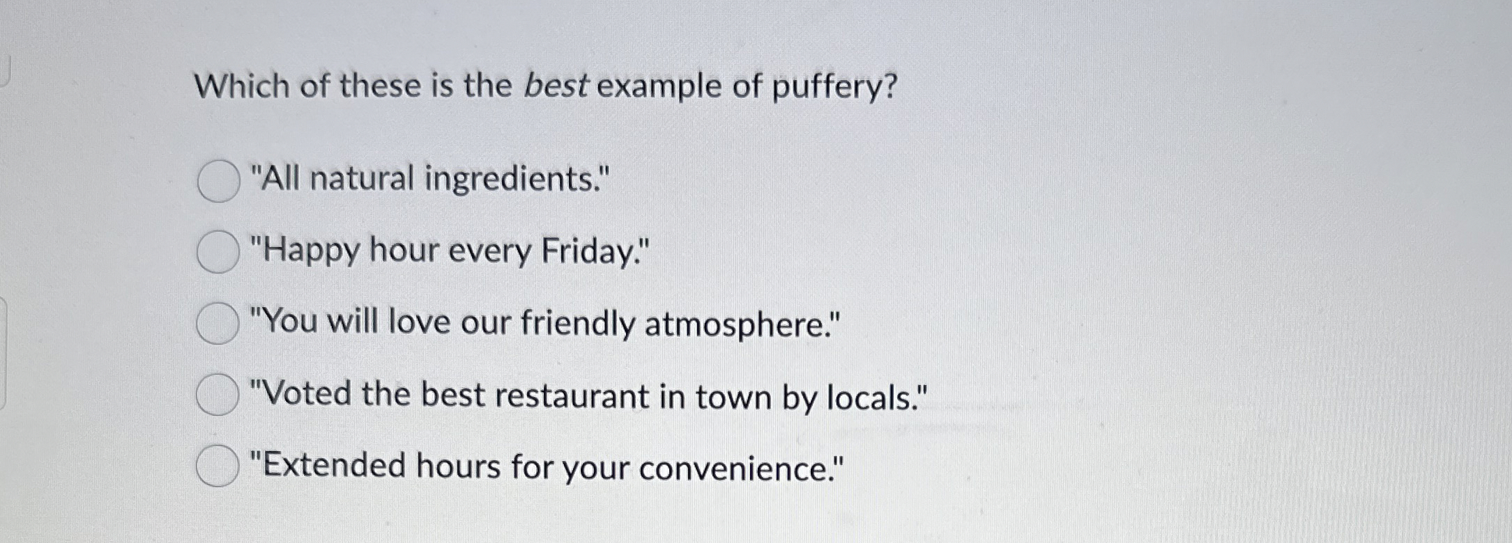 Solved Which of these is the best example of puffery?"All | Chegg.com