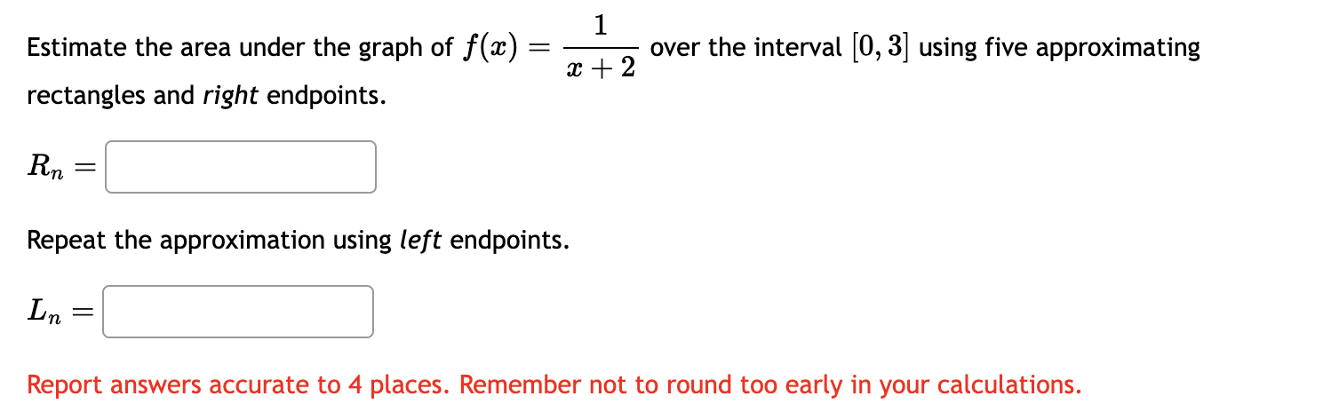 Solved Estimate the area under the graph of f(x)=1x+2 ﻿over | Chegg.com