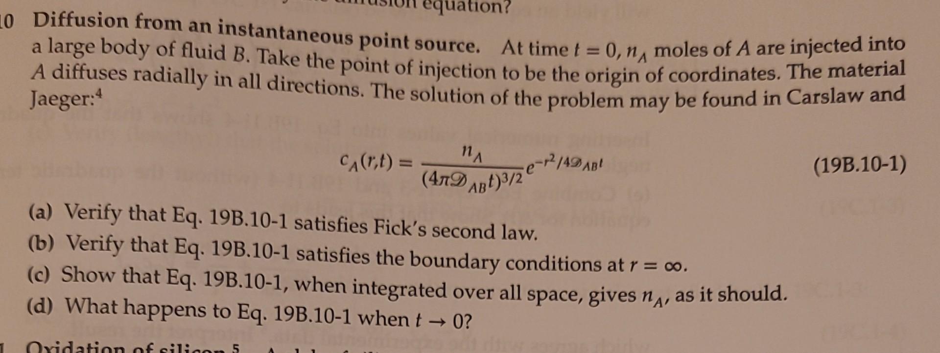 Solved Diffusion from an instantaneous point source. At time | Chegg.com