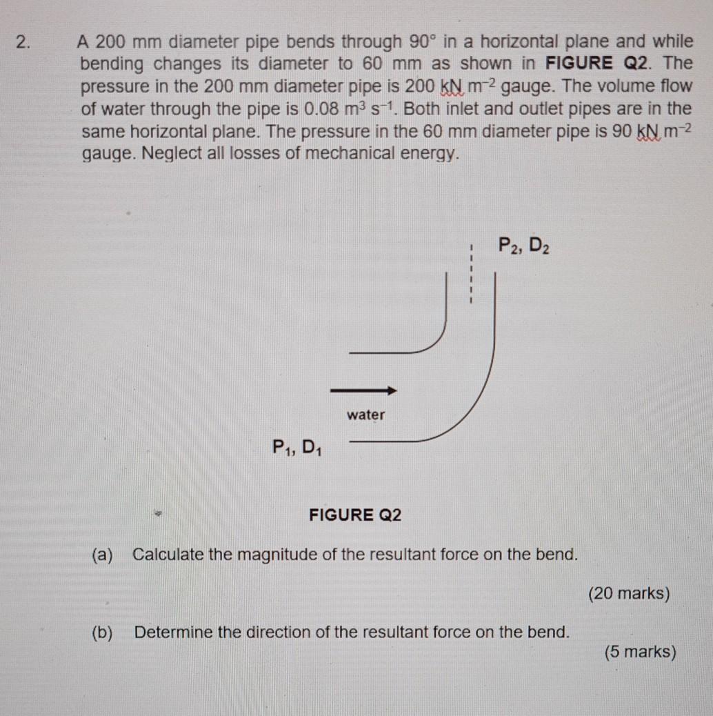 Solved 2. A 200 mm diameter pipe bends through 90° in a | Chegg.com