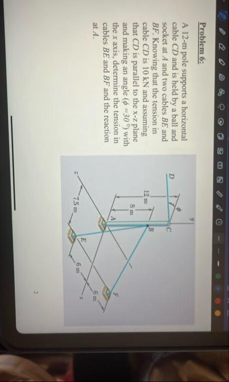 Solved Problem 6:A 12-m ﻿pole supports a horizontal cable CD | Chegg.com
