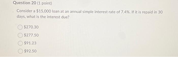 Solved Question 20 (1 point) Consider a $15,000 loan at an | Chegg.com