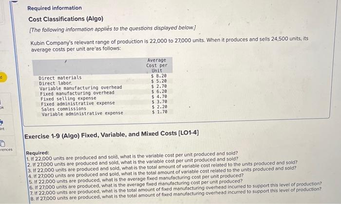 Solved Required information Cost Classifications (Algo) [The | Chegg.com