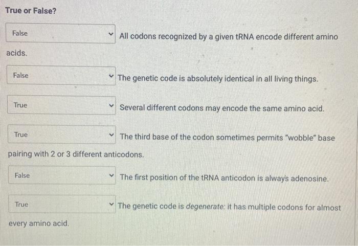Solved All codons recognized by a given tRNA encode | Chegg.com