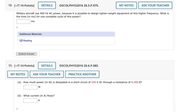 Solved 12. [-/7.14 Points] Military aircraft use 400 Hz AC | Chegg.com