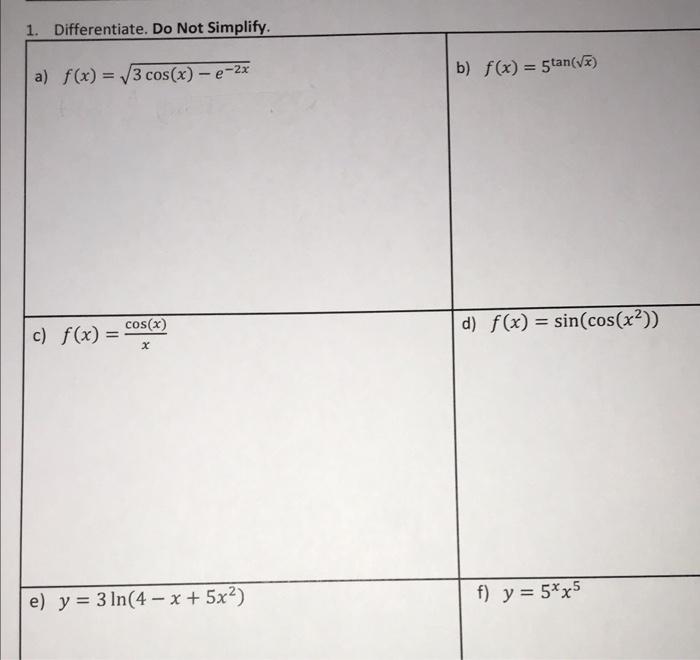 Solved 1. Differentiate. Do Not Simplify. a) f(x)=√√√3 | Chegg.com