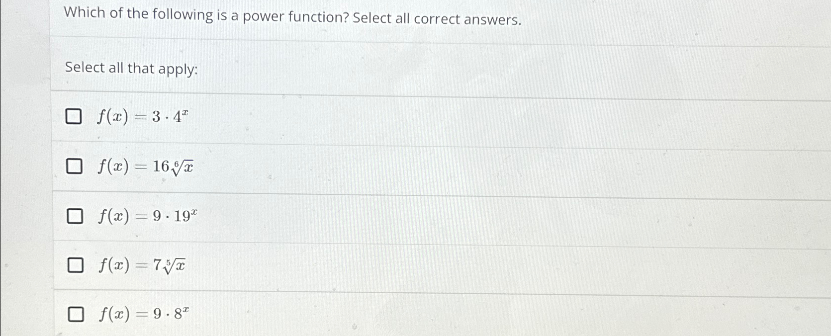 Solved Which Of The Following Is A Power Function Select