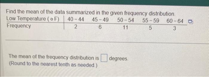 Solved Find the mean of the data summarized in the given | Chegg.com
