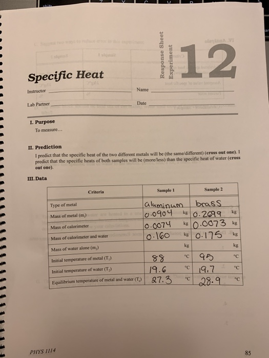 Solved 112 Specific Heat Objective To determine the specific | Chegg.com