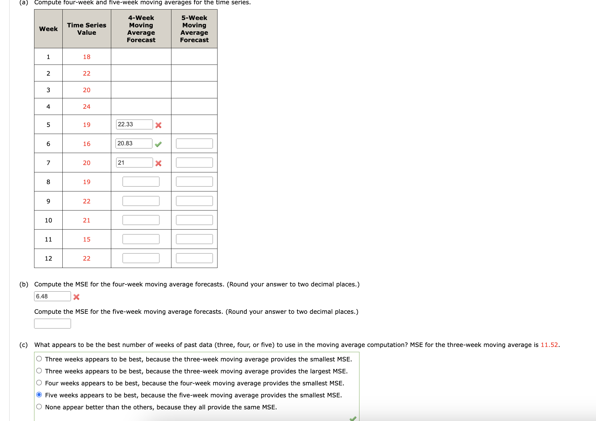 Solved (a) ﻿Compute four-week and five-week moving averages | Chegg.com