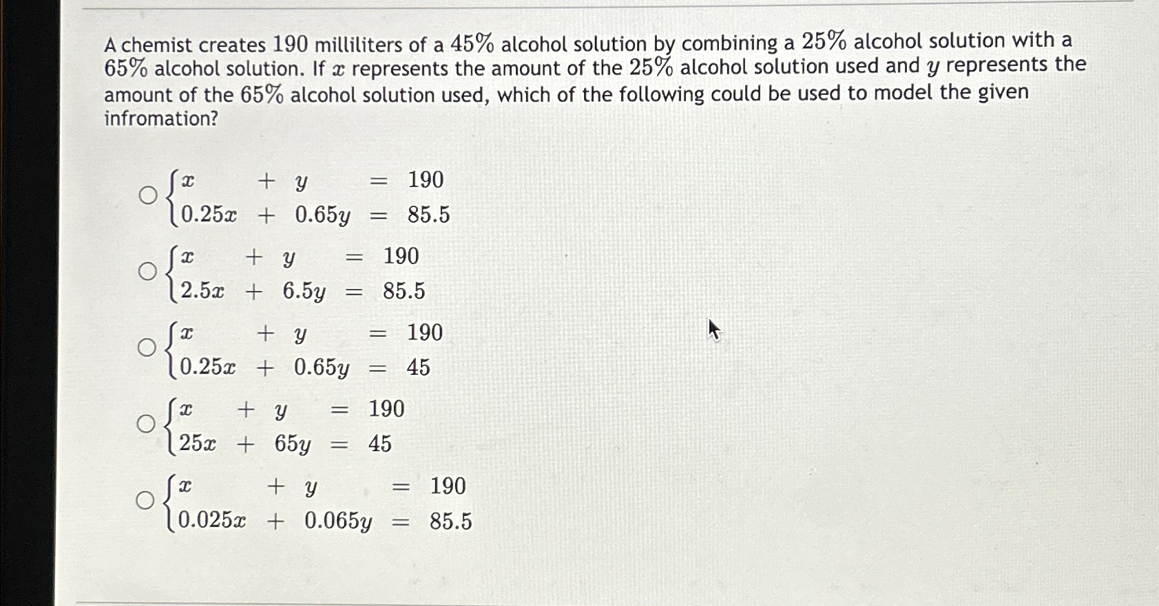 Solved A chemist creates 190 ﻿milliliters of a 45% ﻿alcohol | Chegg.com