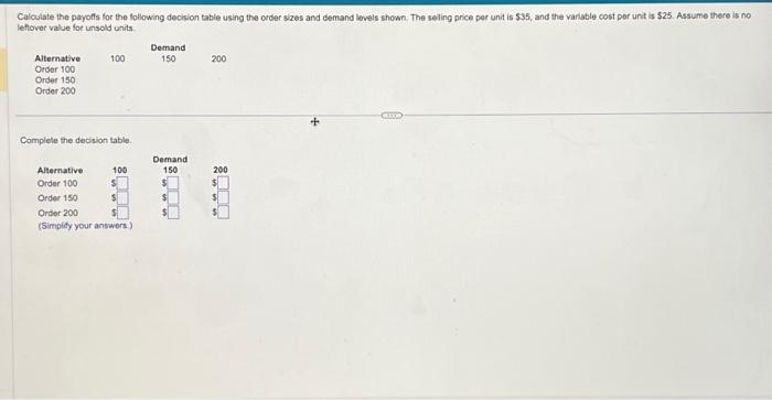 Solved Calculate the payoffs for the following decision | Chegg.com