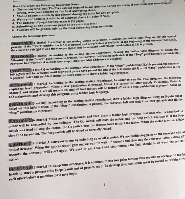 Solved Read Carefully the Following Important Notes 1. The | Chegg.com