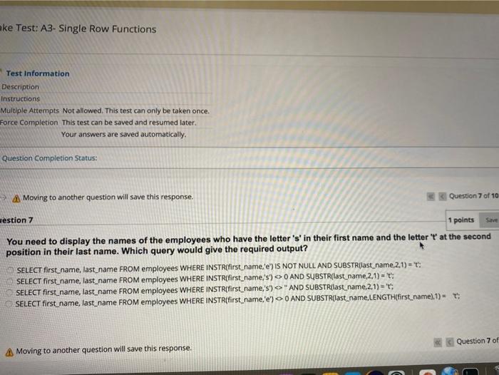 Solved ake Test: A3- Single Row Functions Test Information | Chegg.com