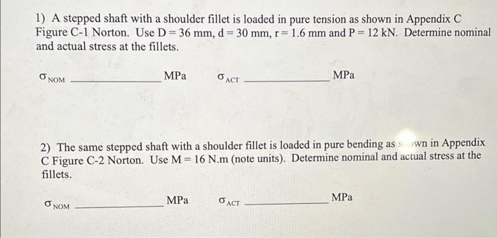 Solved 1) A stepped shaft with a shoulder fillet is loaded | Chegg.com