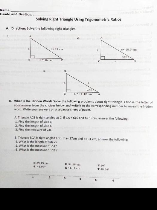 Solved Name: Grade and Section: Solving Right Triangle Using | Chegg.com