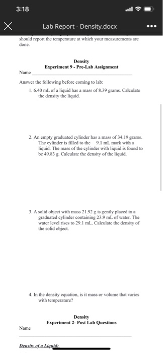 Solved 3:18 Х Lab Report - Density.docx should report the | Chegg.com