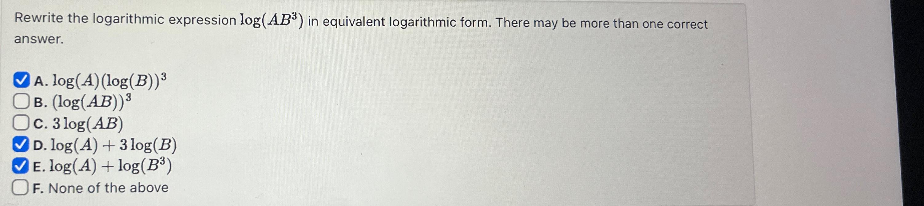 Solved Rewrite the logarithmic expression log(AB3) ﻿in | Chegg.com