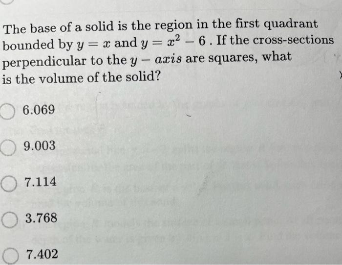 Solved The base of a solid is the region in the first | Chegg.com