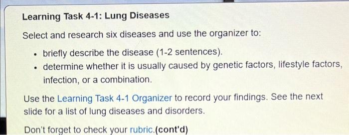 Solved Learning Task 4-1: Lung Diseases Select and research | Chegg.com