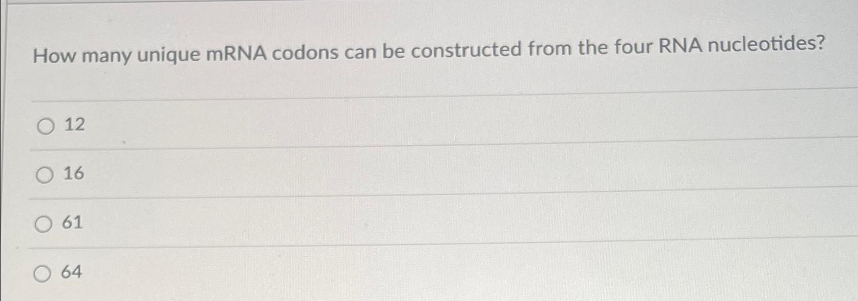 Solved How many unique mRNA codons can be constructed from | Chegg.com