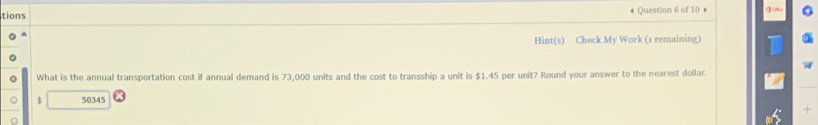 Solved Hint(s) ﻿Check My Work (1 ﻿remaining)What is the | Chegg.com