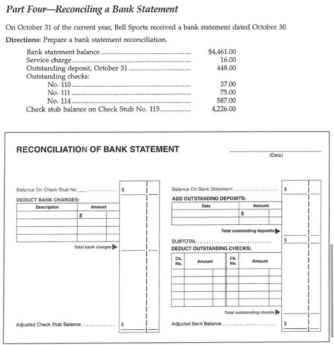 Solved Part Four-Reconciling a Bank Statement On October 31 | Chegg.com