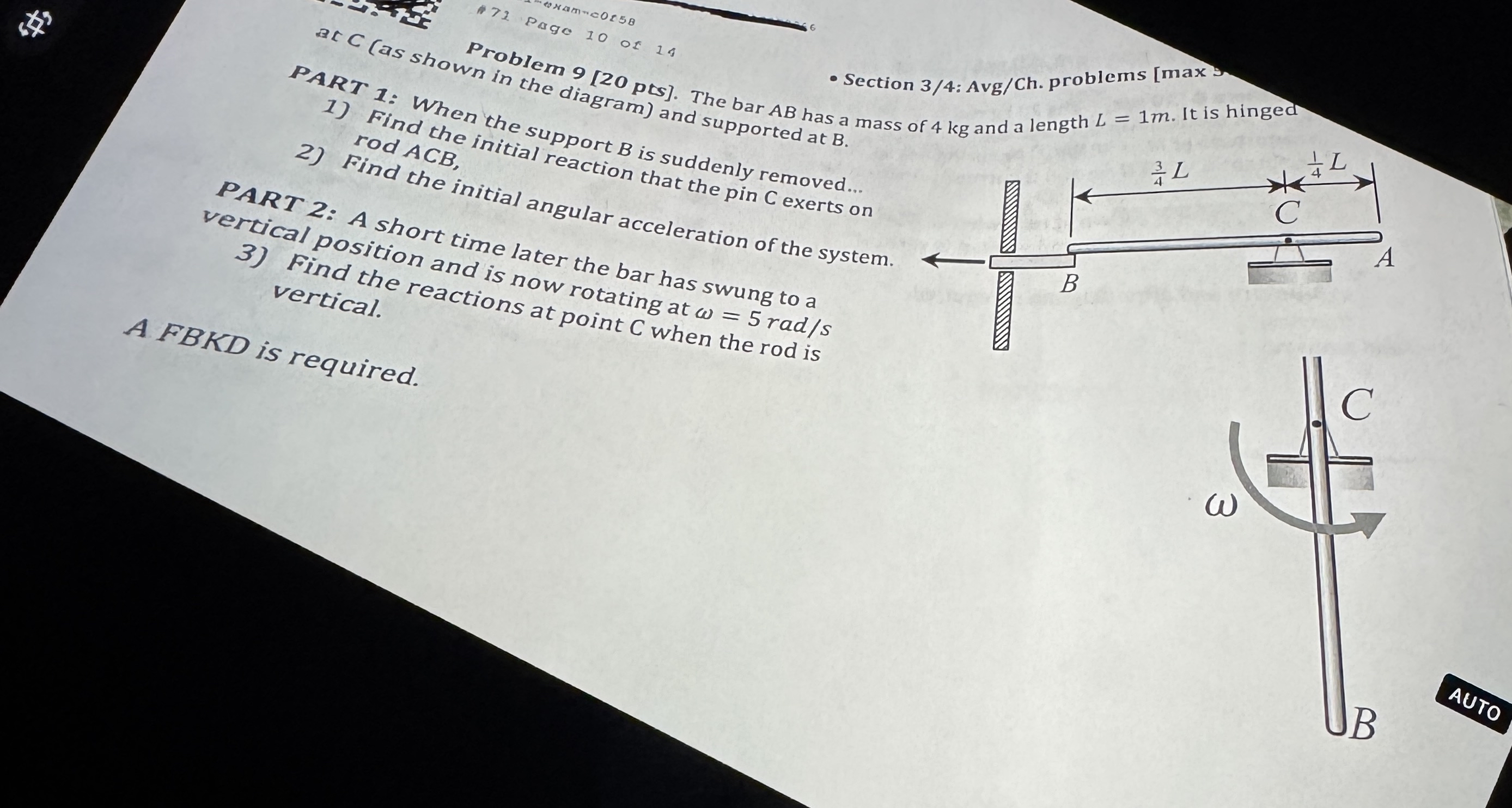 Solved The bar AB has a mass of 4kg and a length L=1m. ﻿It | Chegg.com
