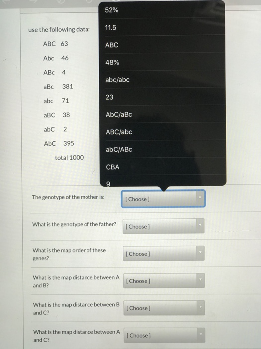 Solved use the following data: AbC/aBc ABC 63 Abc 46 ABC/abc | Chegg.com