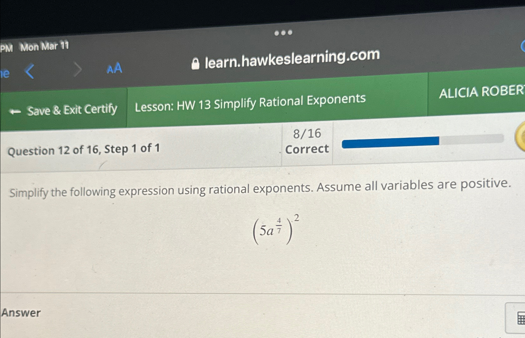 Solved Mon Mar 71C learn.hawkeslearning.comlarr Save & Exit | Chegg.com
