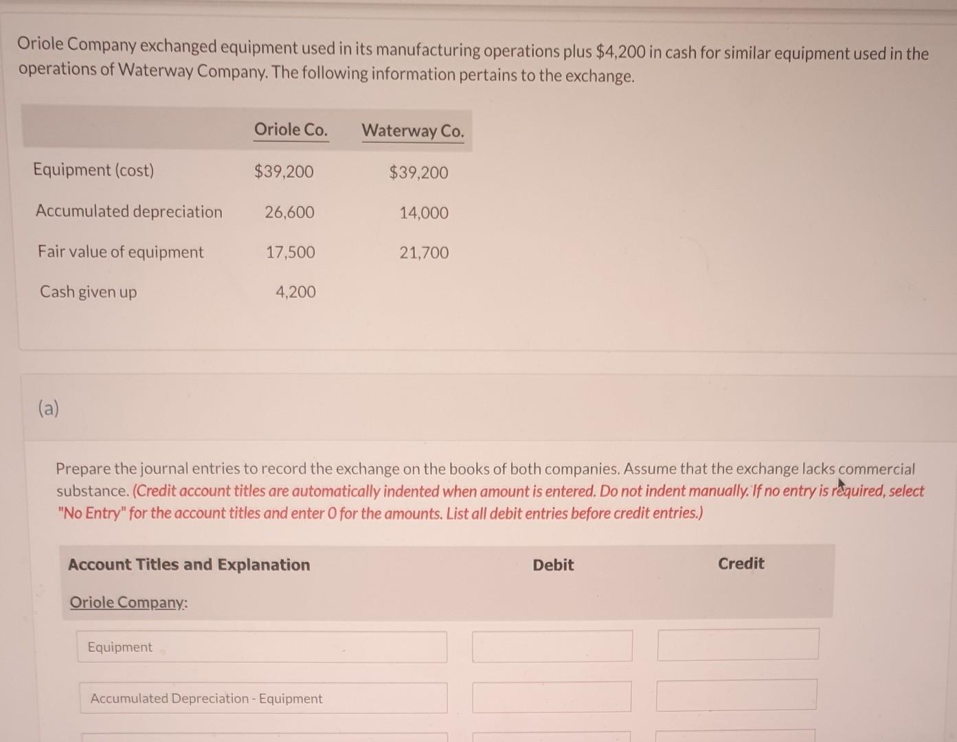 Solved Oriole Company exchanged equipment used in its | Chegg.com