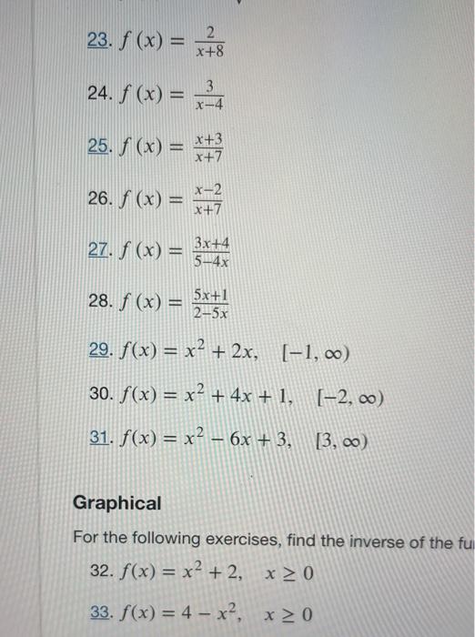 Solved 23. f(x)=x+82 24. f(x)=x−43 25. f(x)=x+7x+3 26. | Chegg.com