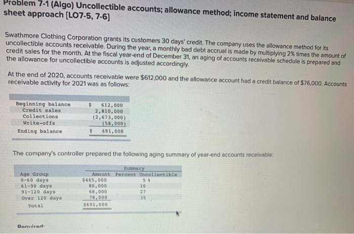Solved Problem 7-1 (Algo) Uncollectible accounts; allowance | Chegg.com