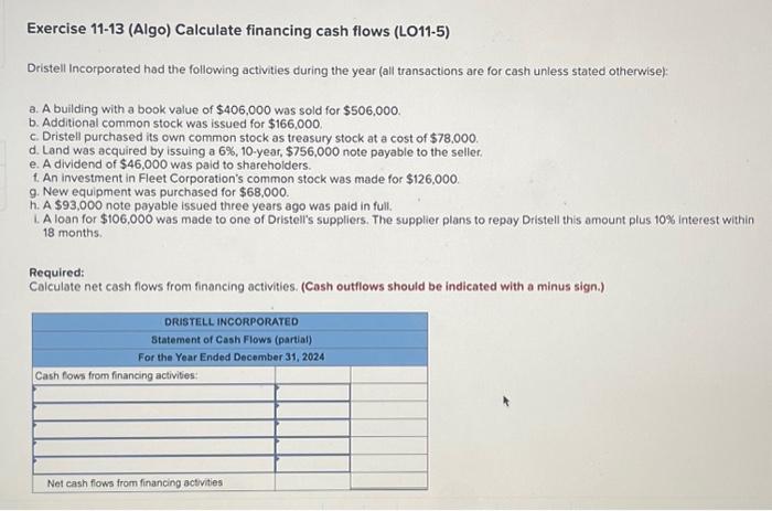 Solved Exercise 11-13 (Algo) Calculate financing cash flows | Chegg.com