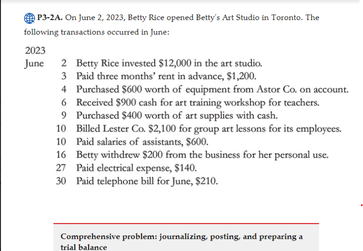 Solved P3-2A. ﻿On June 2, 2023, ﻿Betty Rice opened Betty's | Chegg.com