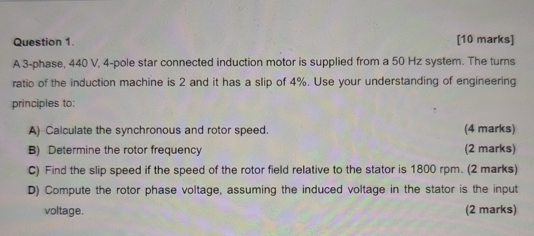 Solved Question 1.[10 ﻿marks]A 3-phase, 440V, 4-pole star | Chegg.com