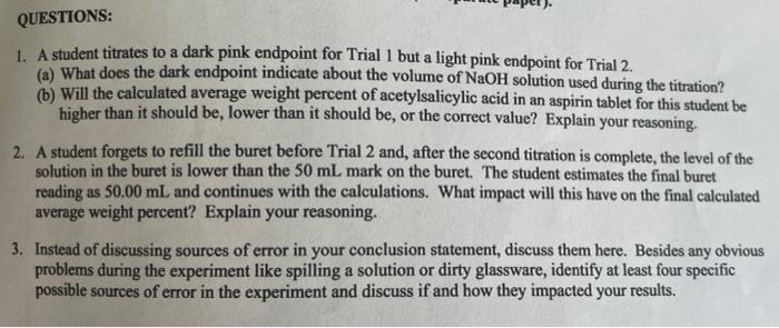 Solved QUESTIONS: 1. A student titrates to a dark pink | Chegg.com